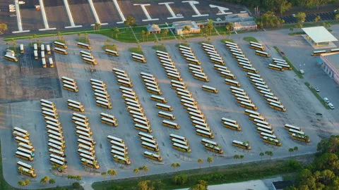 Aerial view of many school buses parked ... | Stock Video | Pond5