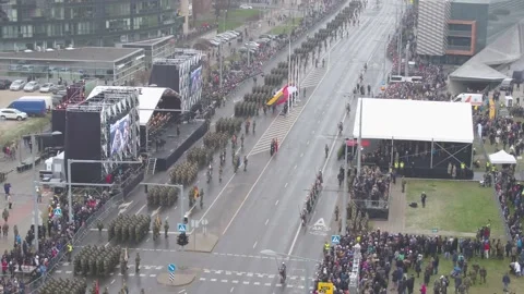 Aerial view of military parade in a midd... | Stock Video | Pond5
