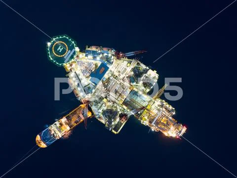 Aerial view offshore drilling rig (jack up rig) at the offshore ...