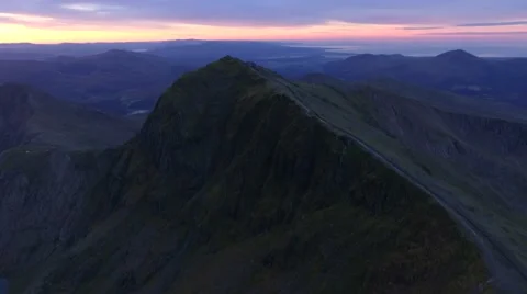 Aerial view over mount Snowdon at dawn. | Stock Video | Pond5