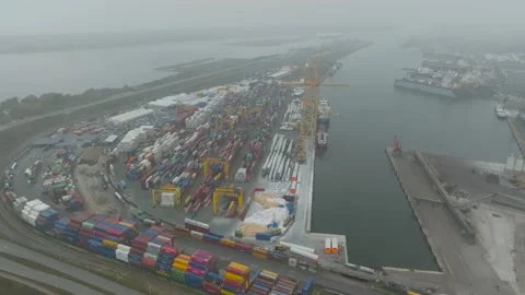 Aerial view of the port area's container... | Stock Video | Pond5