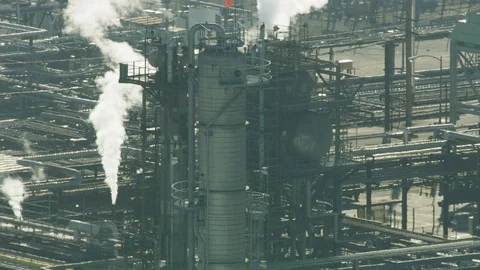 Aerial view refinery pipeline steam emis... | Stock Video | Pond5