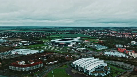 Aerial view revealing MDCC-Arena a footb... | Stock Video | Pond5