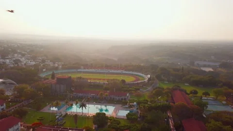 Aerial view of running track and soccer ... | Stock Video | Pond5
