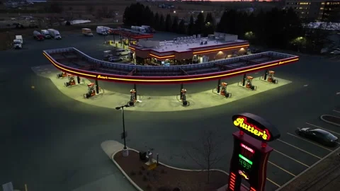 Aerial view of Rutters gas station at ni... | Stock Video | Pond5