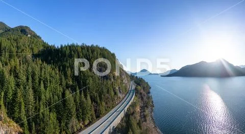 Aerial View of Sea to Sky Highway in Howe Sound. Sunset Sky. ~ Hi Res ...