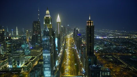 Aerial view Sheikh Zayed road night Skys... | Stock Video | Pond5
