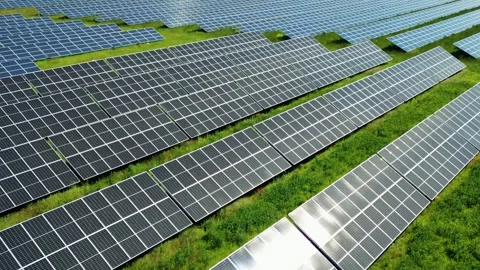 Aerial view of solar cell farm power pla... | Stock Video | Pond5