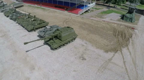 Aerial view of the tanks and armoured ve... | Stock Video | Pond5