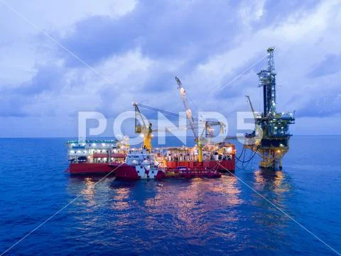 Aerial View of Tender Drilling Oil Rig (Barge Oil Rig) in The Ocean ...