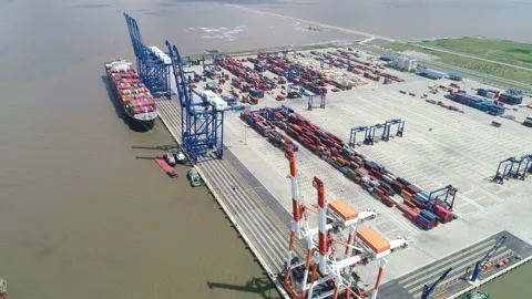 Aerial view, top view cargo ship port in... | Stock Video | Pond5