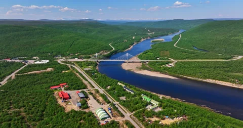 Aerial view towards the Sami Bridge and ... | Stock Video | Pond5