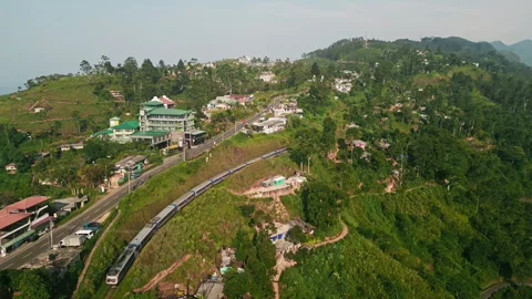 Aerial view of train snaking through ric... | Stock Video | Pond5