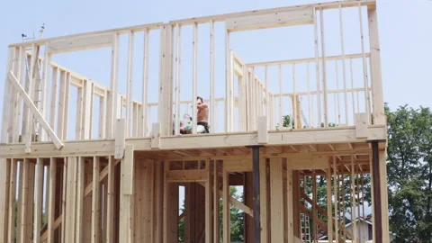 Aerial view of unfinished frame house ex... | Stock Video | Pond5