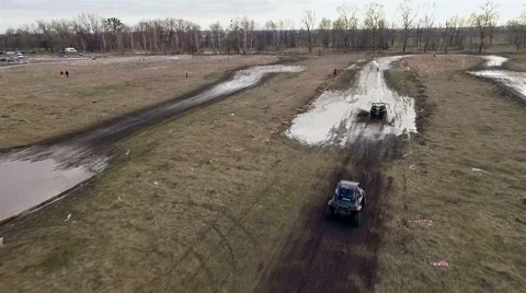 Aerial view of utv race. Mud track. | Stock Video | Pond5