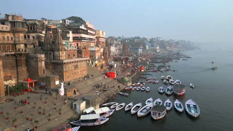 Aerial View of the Varanasi Ghats on the... | Stock Video | Pond5
