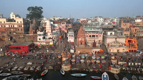 Aerial View of the Varanasi Ghats on the... | Stock Video | Pond5