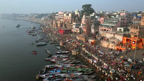 Aerial View of the Varanasi Ghats on the... | Stock Video | Pond5