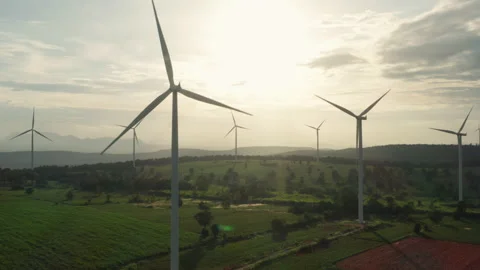 Aerial view of Wind turbines to save ene... | Stock Video | Pond5