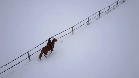 aerial view woman riding horse in winter | Stock Video | Pond5