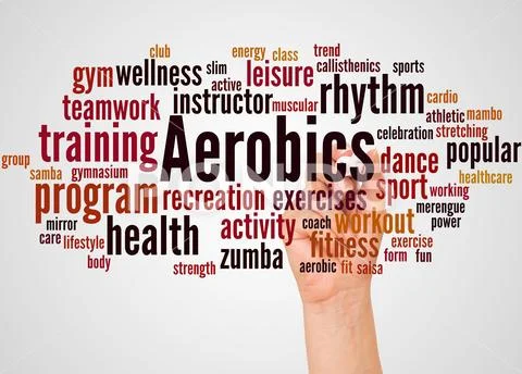 Aerobics word cloud and hand with marker concept: Graphic #96700873