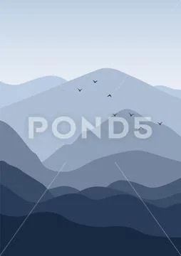 Aesthetic minimalist blue mountains with flying birds landscape poster ...