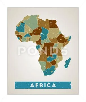 Africa map. Continent poster with regions. Old grunge texture. Shape of ...