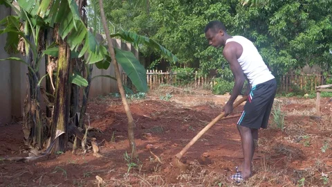 African man digging in his garden with a... | Stock Video | Pond5