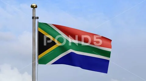 African RSA flag waving in wind with blue Sky cloud. South Africa ...