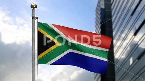 African RSA flag waving in wind at modern city. South Africa banner ...