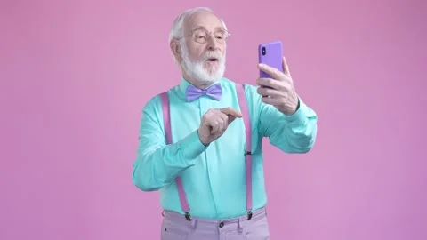 Aged man blogger video call make signs i... | Stock Video | Pond5