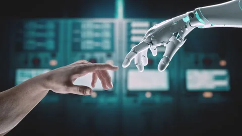 AI Robot Hand Reaching Out To A Human Ha... | Stock Video | Pond5