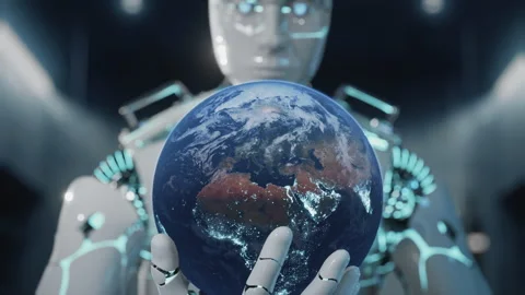 AI Robot Holding Earth Changing World fo... | Stock Video | Pond5