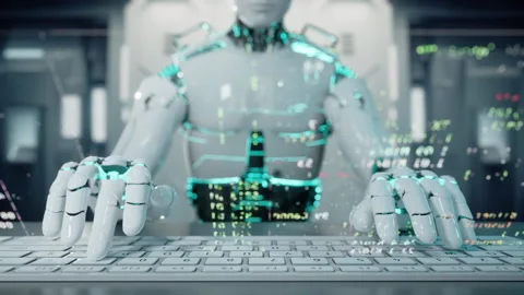 AI Robot Typing On A Laptop With Hands O... | Stock Video | Pond5