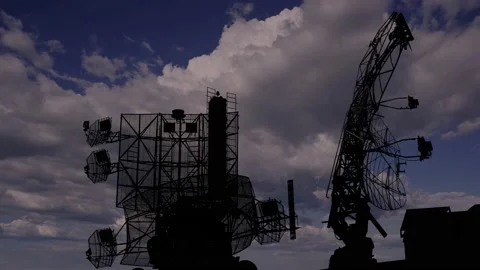 Air defense radars on background clouds | Stock Video | Pond5