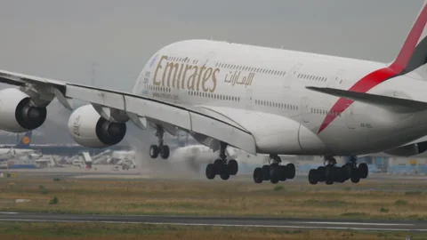 Airbus A380 of Emirates landing, slow mo... | Stock Video | Pond5