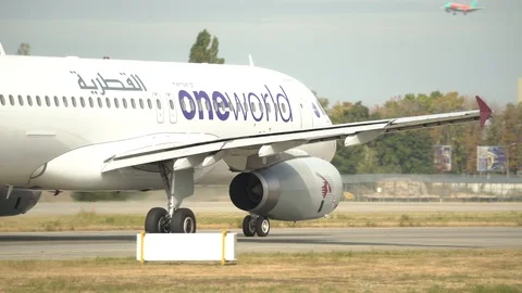 The aircraft rolls on runway after landi... | Stock Video | Pond5