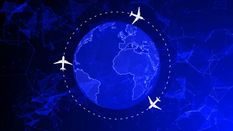 Airplane animation fly over around blue ... | Stock Video | Pond5