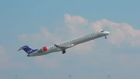 airplane bombardier crj 900 takeoff side... | Stock Video | Pond5