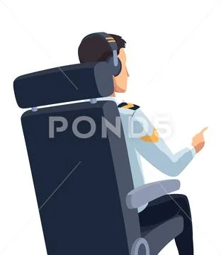 Airplane cockpit pilot. Back view of crew flying airplane. Pilot or ...