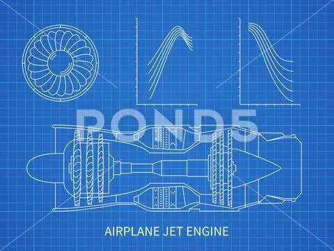Airplane jet engine with turbine vector blueprint design: Graphic #85716633