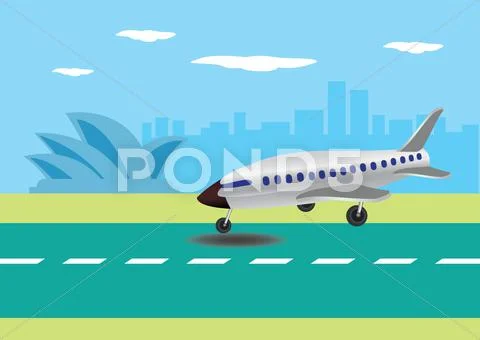 Airplane landing in australian airport vector illustration: Royalty ...