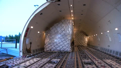 airplane offload cargo pallets boeing 77... | Stock Video | Pond5