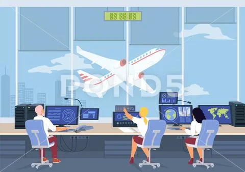 Airport control room cartoon flat vector illustration Illustration ...