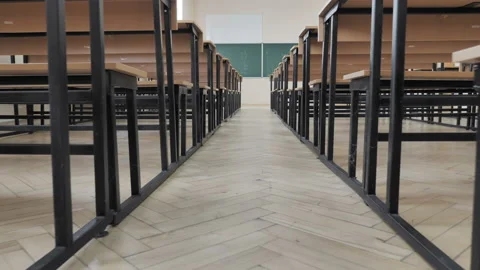 The Aisle Between Desks In Empty Lecture... | Stock Video | Pond5