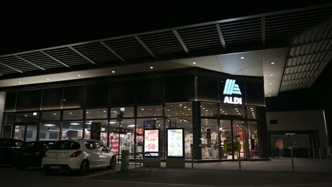 ALDI grocery store supermarket at night ... | Stock Video | Pond5