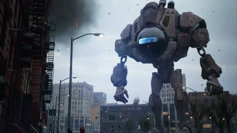An alien giant robot invader destroys a ... | Stock Video | Pond5