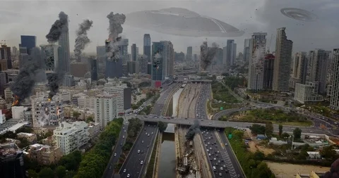 Alien Invasion over Large Destroyed City... | Stock Video | Pond5