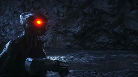 Alien, monster with gun in light portal.... | Stock Video | Pond5