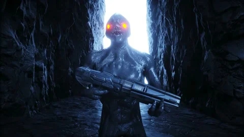 Alien, monster with gun in light portal.... | Stock Video | Pond5